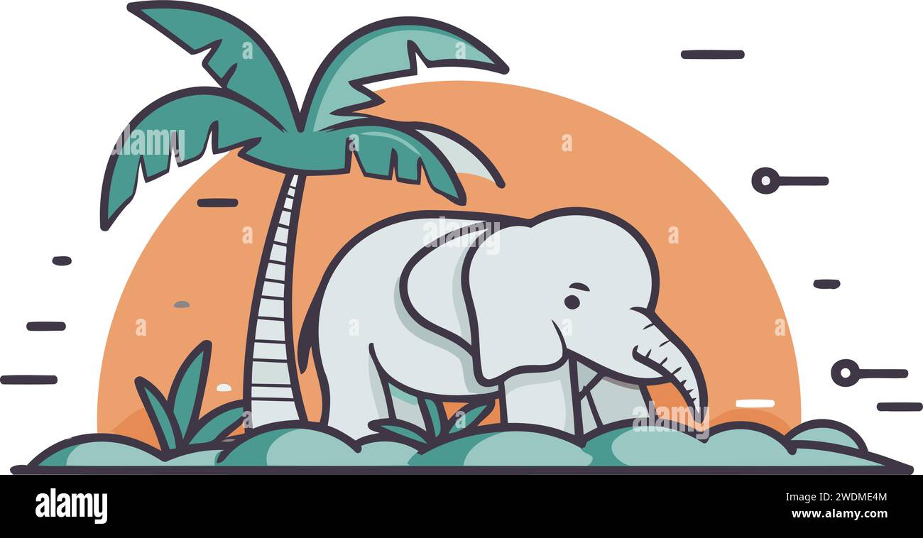 Vector illustration of an elephant on the beach. Flat style design ...