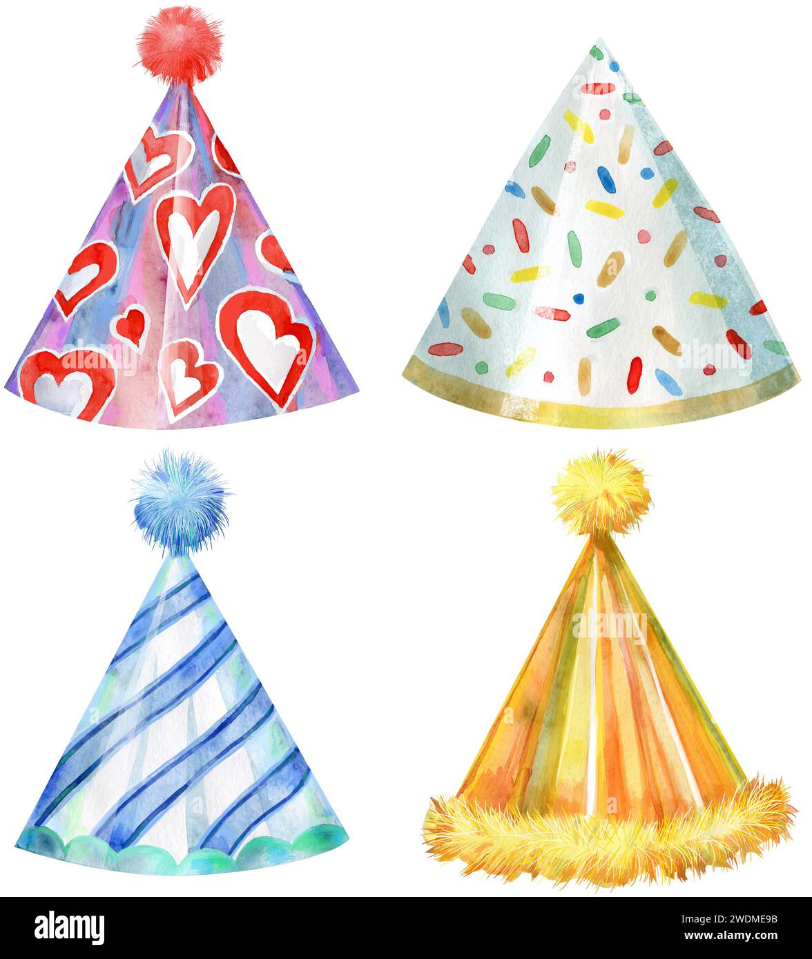 Set of party hat on white background. Card design. Watercolor hand ...