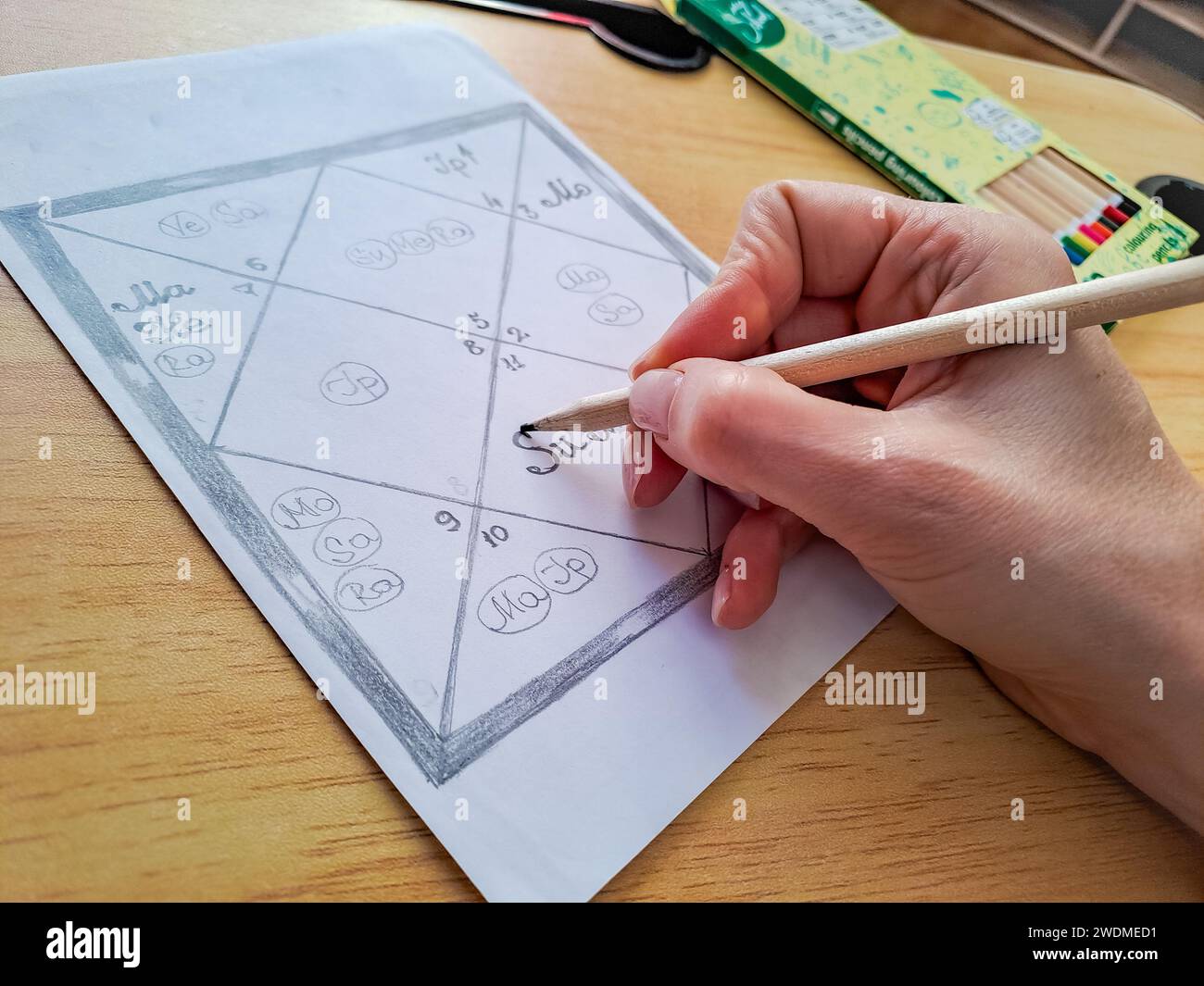 A woman's hand fills in an astrology chart of Jyotish astrology of ...