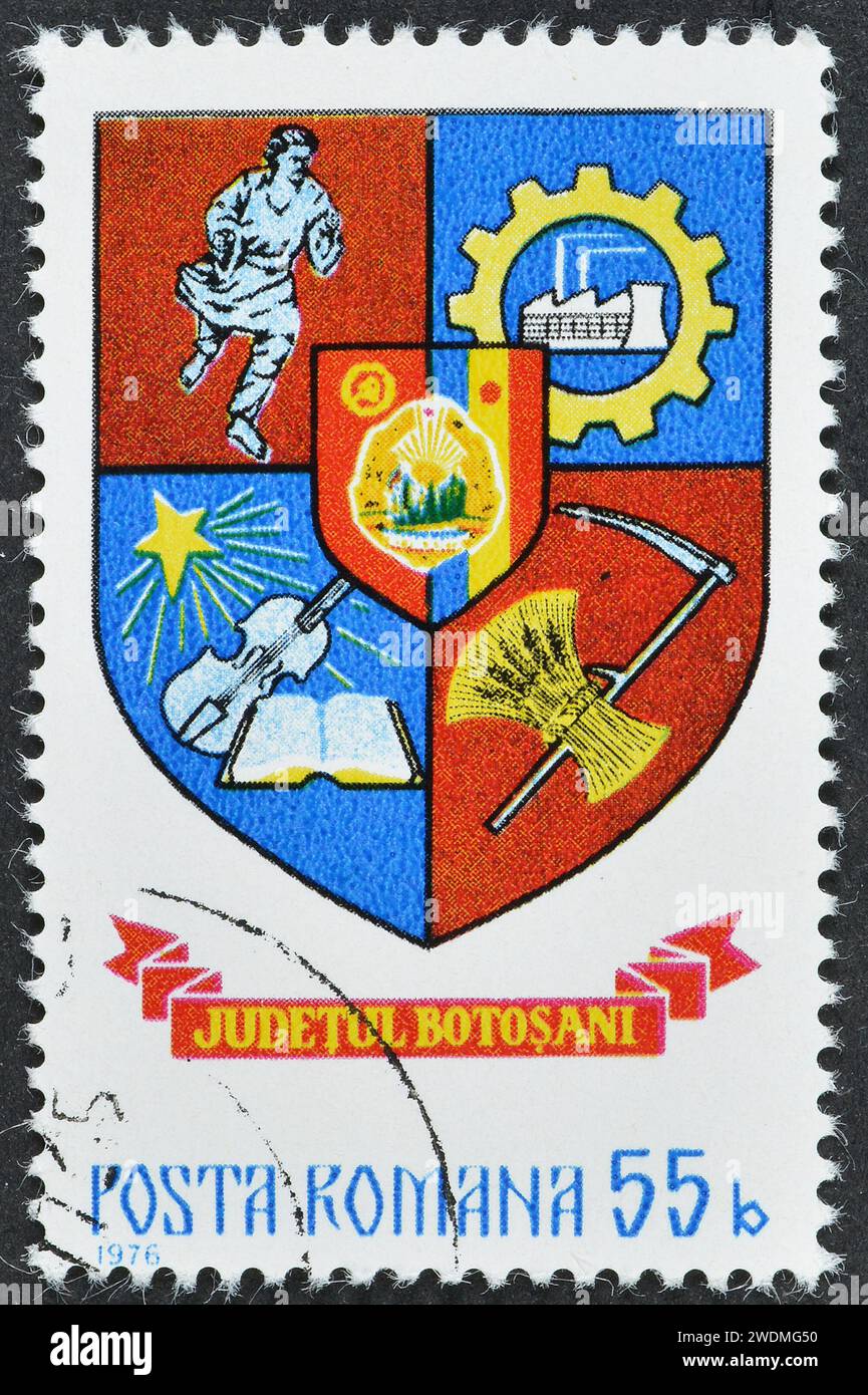 Cancelled postage stamp printed by Romania, that shows Coat of arms of ...