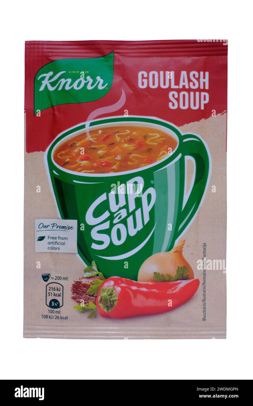 sachet of powdered instant goulash cup a soup cut out on white ...