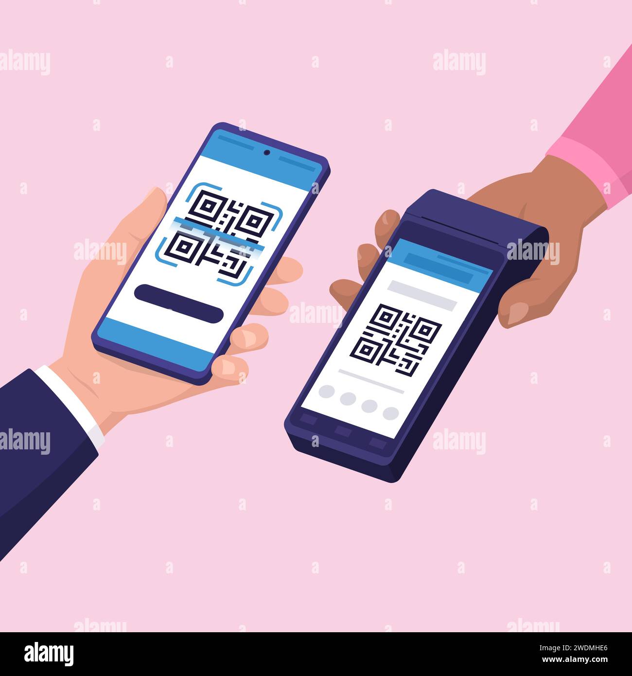 QR code payment: retailer holding a POS machine and customer scanning ... QR code payment: retailer holding a POS machine and customer scanning ...