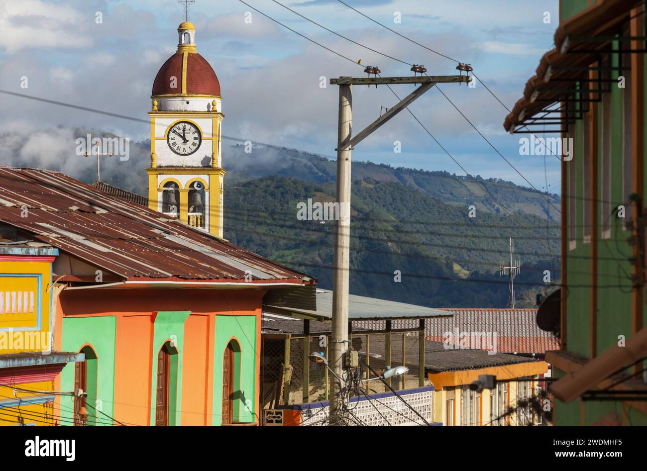 street view of traditional colonial town in Colombia, South America ...