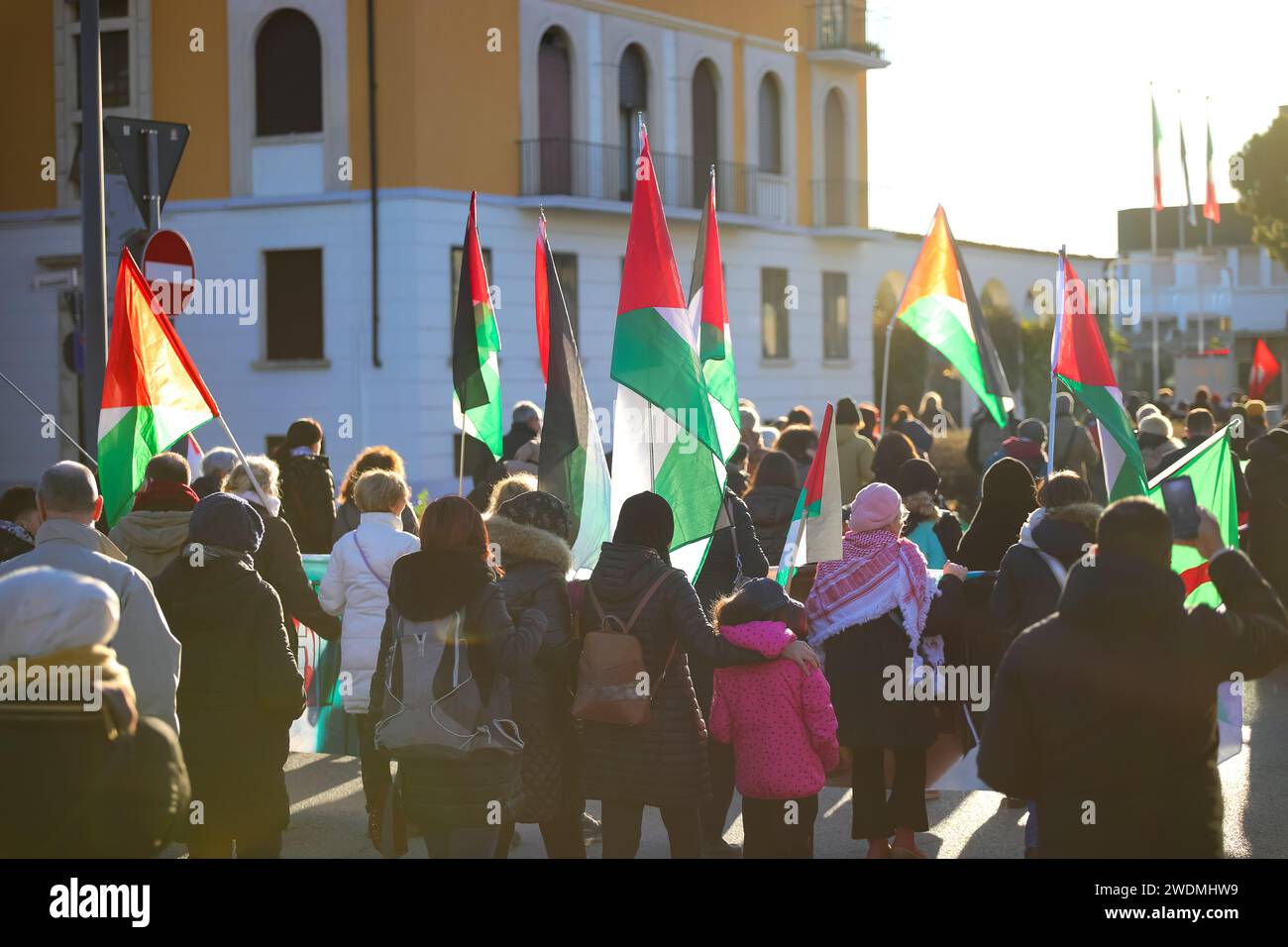 many people walk during the demonstration with the flags of Palestine ...
