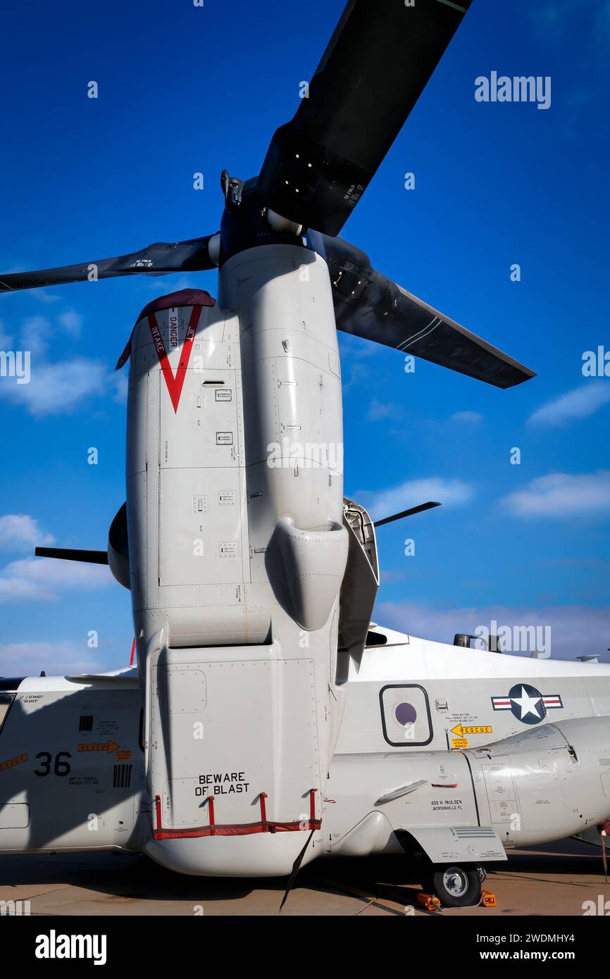 The rotor of a US Navy V-22 Osprey on display at America's Airshow 2023 ...