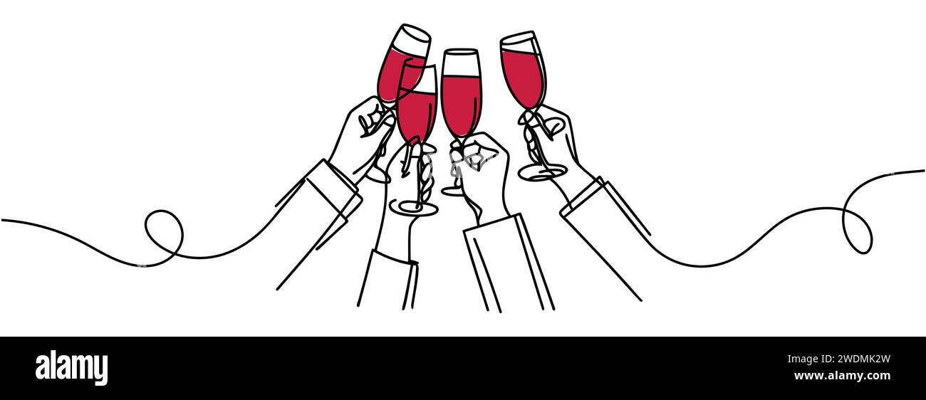 Hands Hold Glasses Of Wine One Line Is A Continuous Outline Of The
