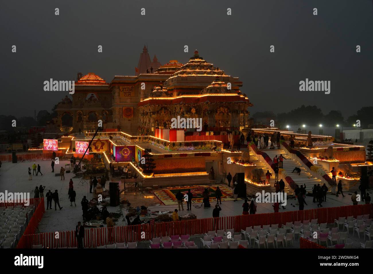 Workers decorate a temple dedicated to Hindu deity Lord Ram with ...