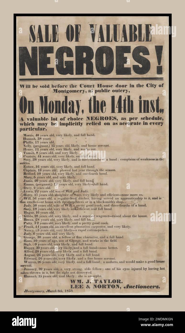 Vintage 'SALE OF VALUABLE NEGROES' poster 1853 in Montgomery USA ...