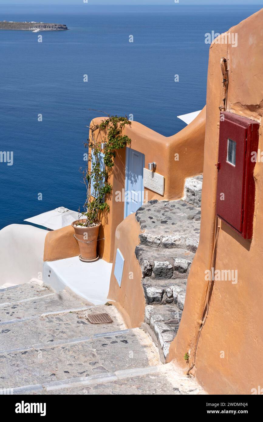 Santorini island, colorful corner at Oia village, full of typical ...