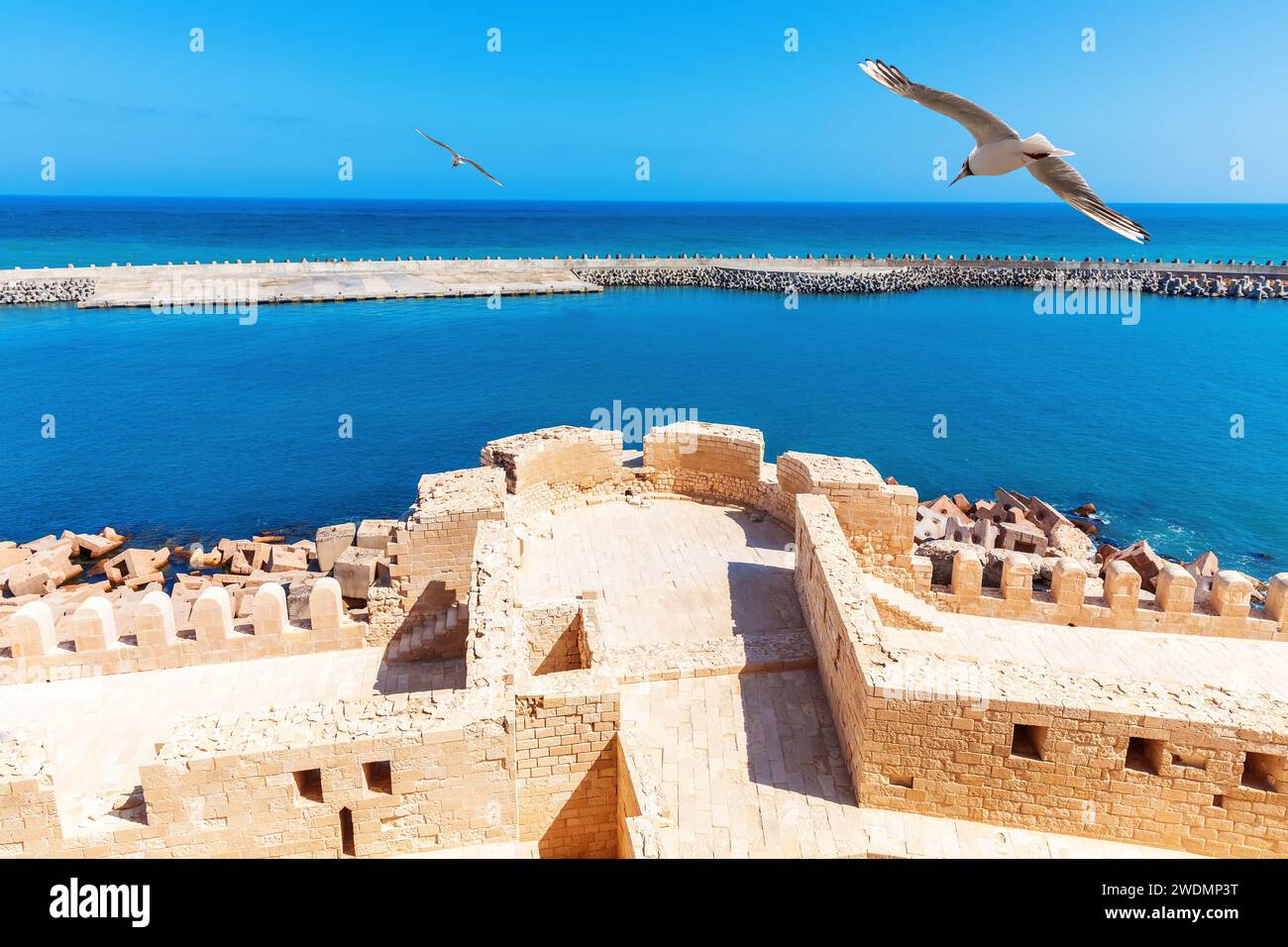 The Citadel of Qaitbay roof view and beautiful Mediterranean scenery of ...