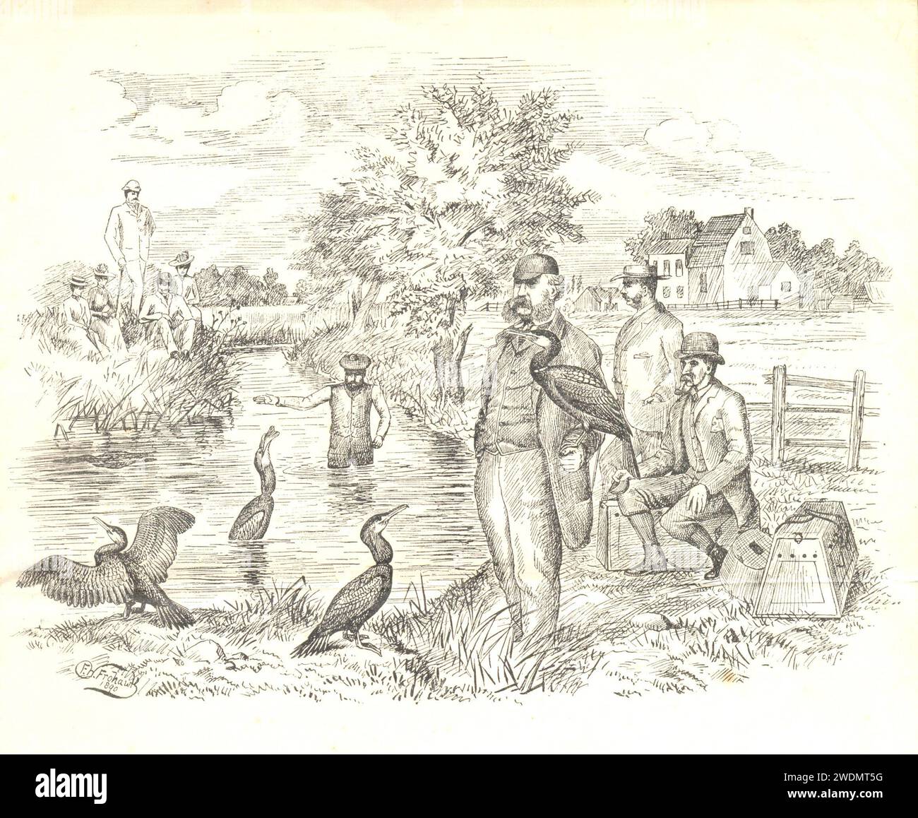 Victorian pictorial notepaper by artist F W Frowhawk of fishing with ...