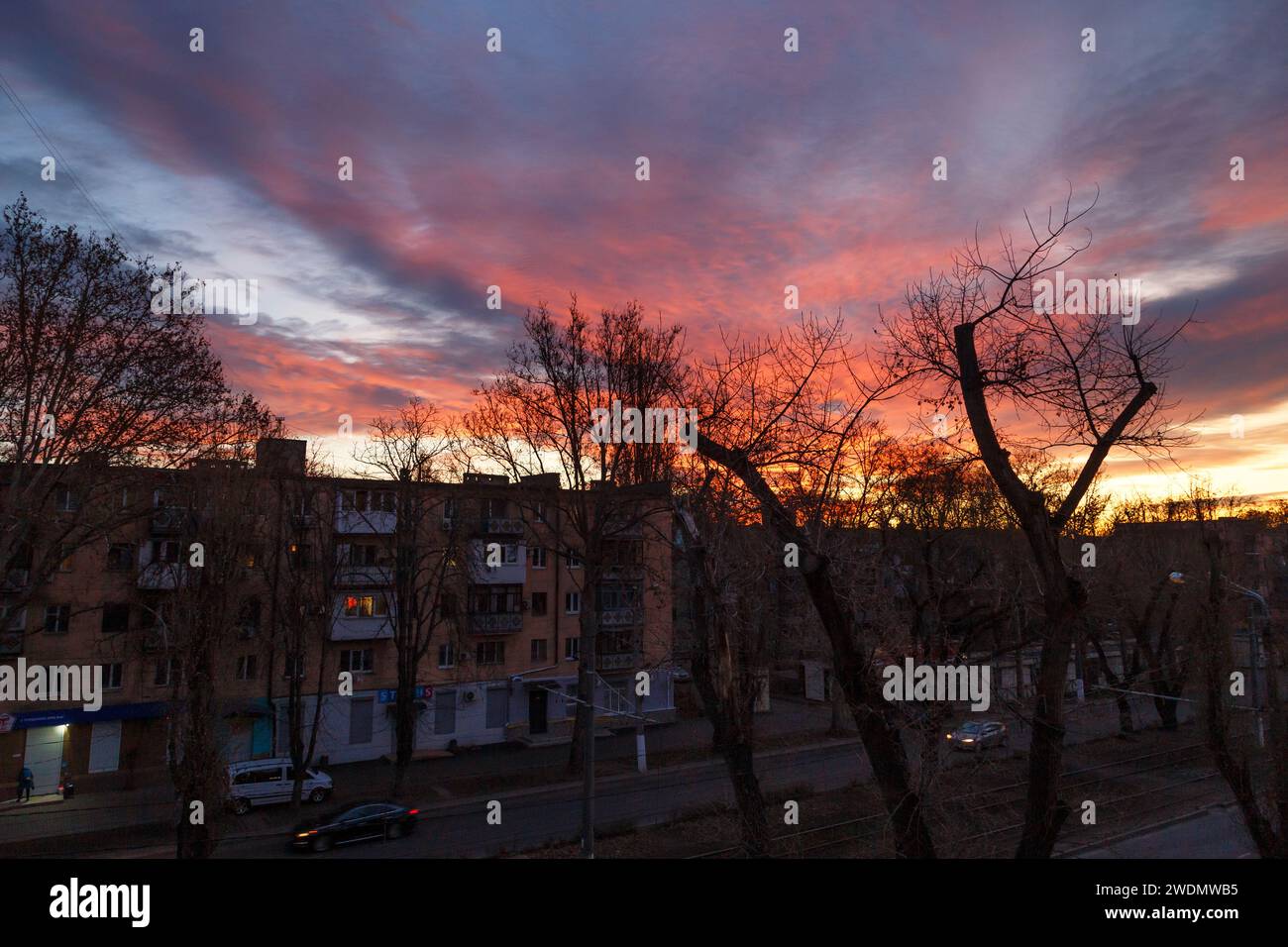 Morning city street in the post-Soviet country, top view. A stunning ...
