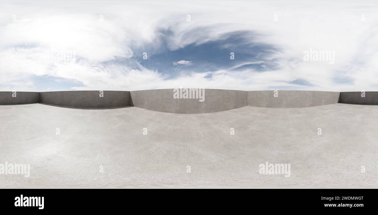 concrete walls on concrete floor with bright blue sky 360 panorama vr ...