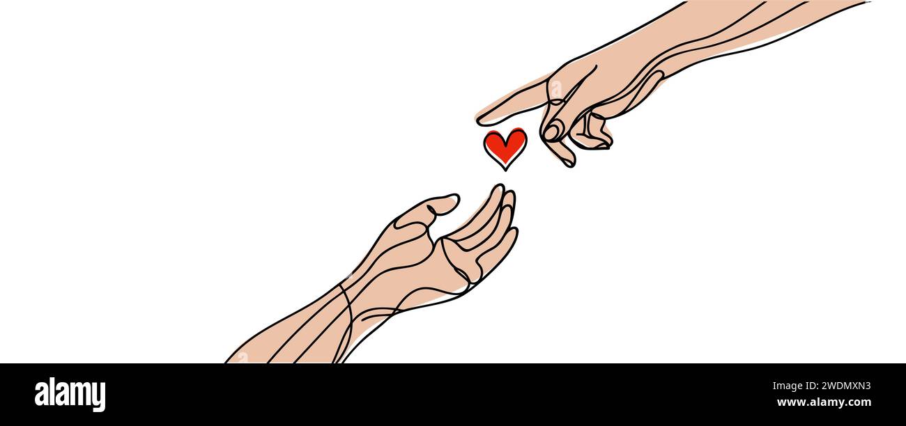 drawn in a continuous single line, a hand gives a heart to its partner ...