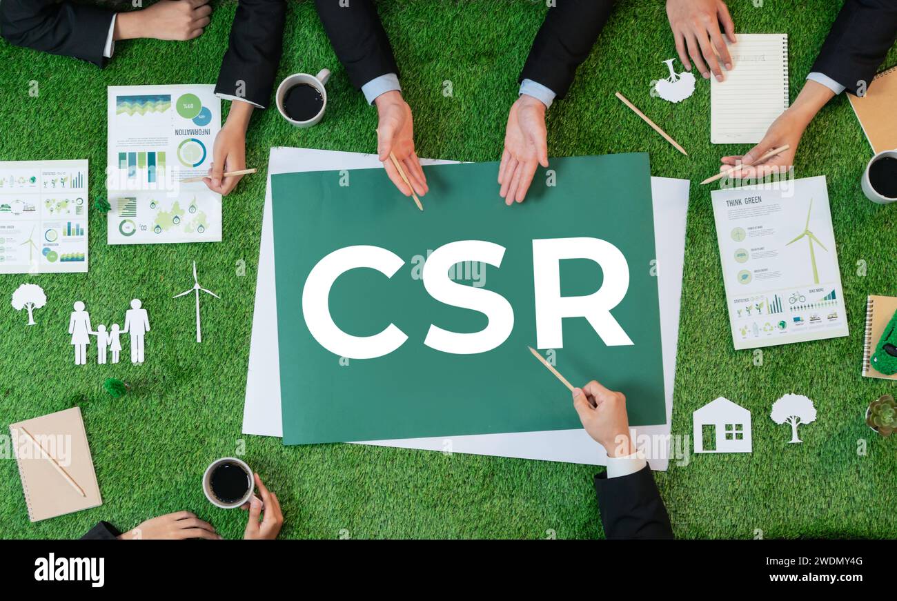 Top view panoramic CSR symbol on green grass table with business people ...