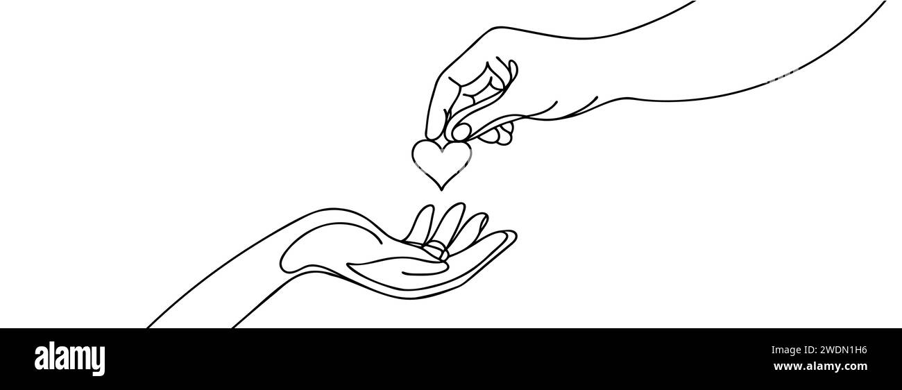 drawn in a continuous single line, a hand gives a heart to its partner ...