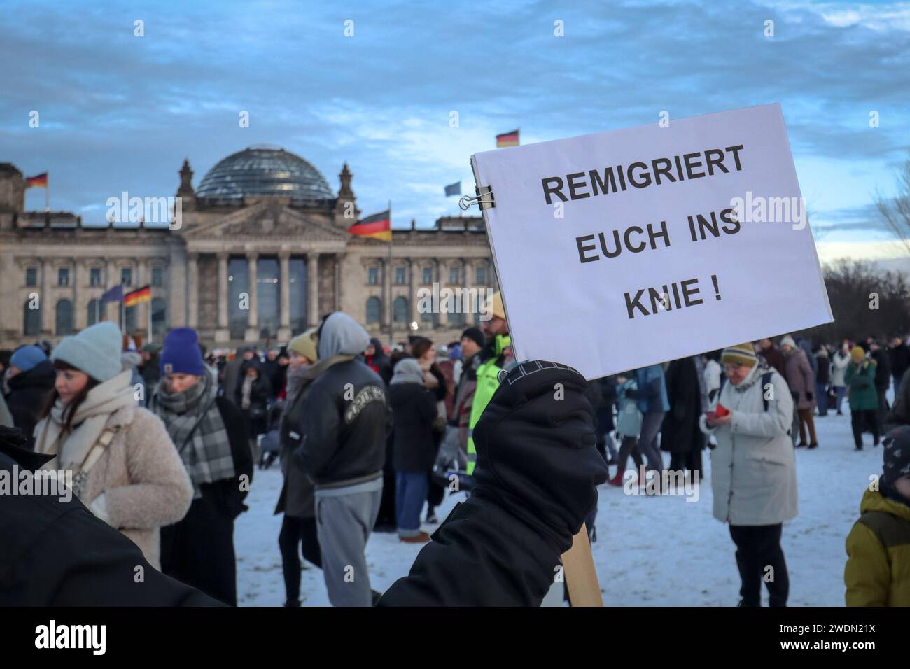 Berlin, Germany - January 21, 2024: Protester is holding creative sign ...