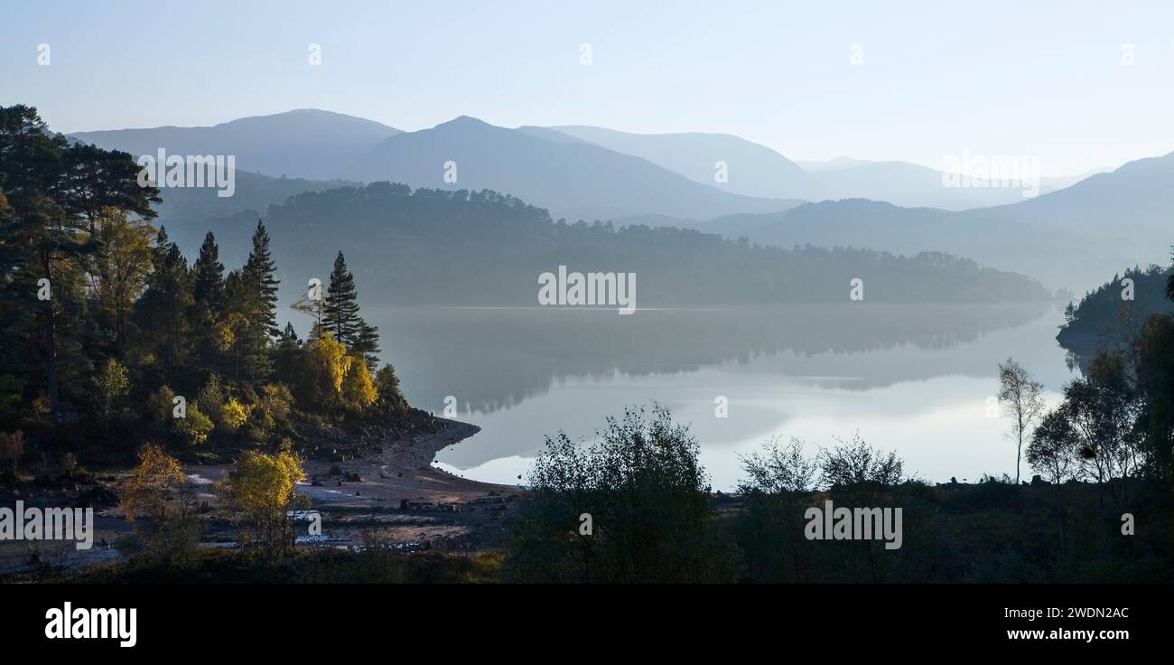 Panorama of Caledonian forest and mountains around lake in autumn. Glen ...