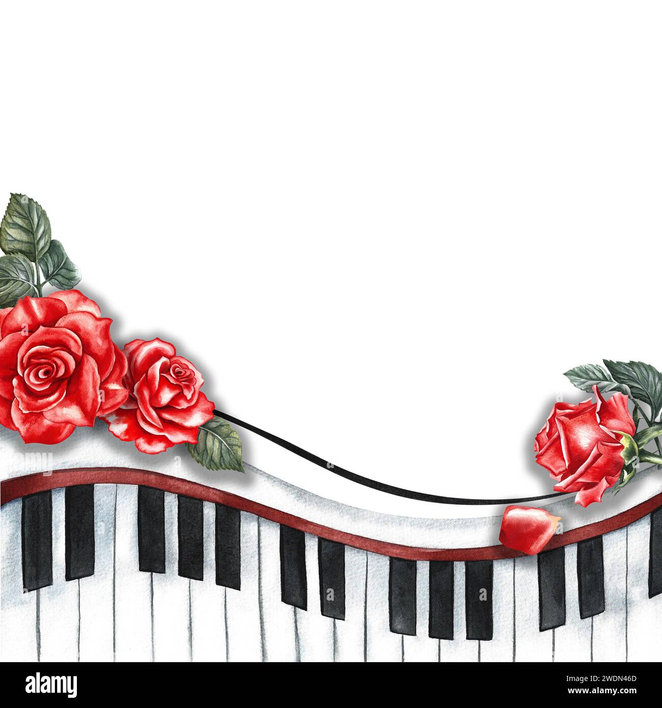 Border frame with musical piano keys decorated with roses. The ...