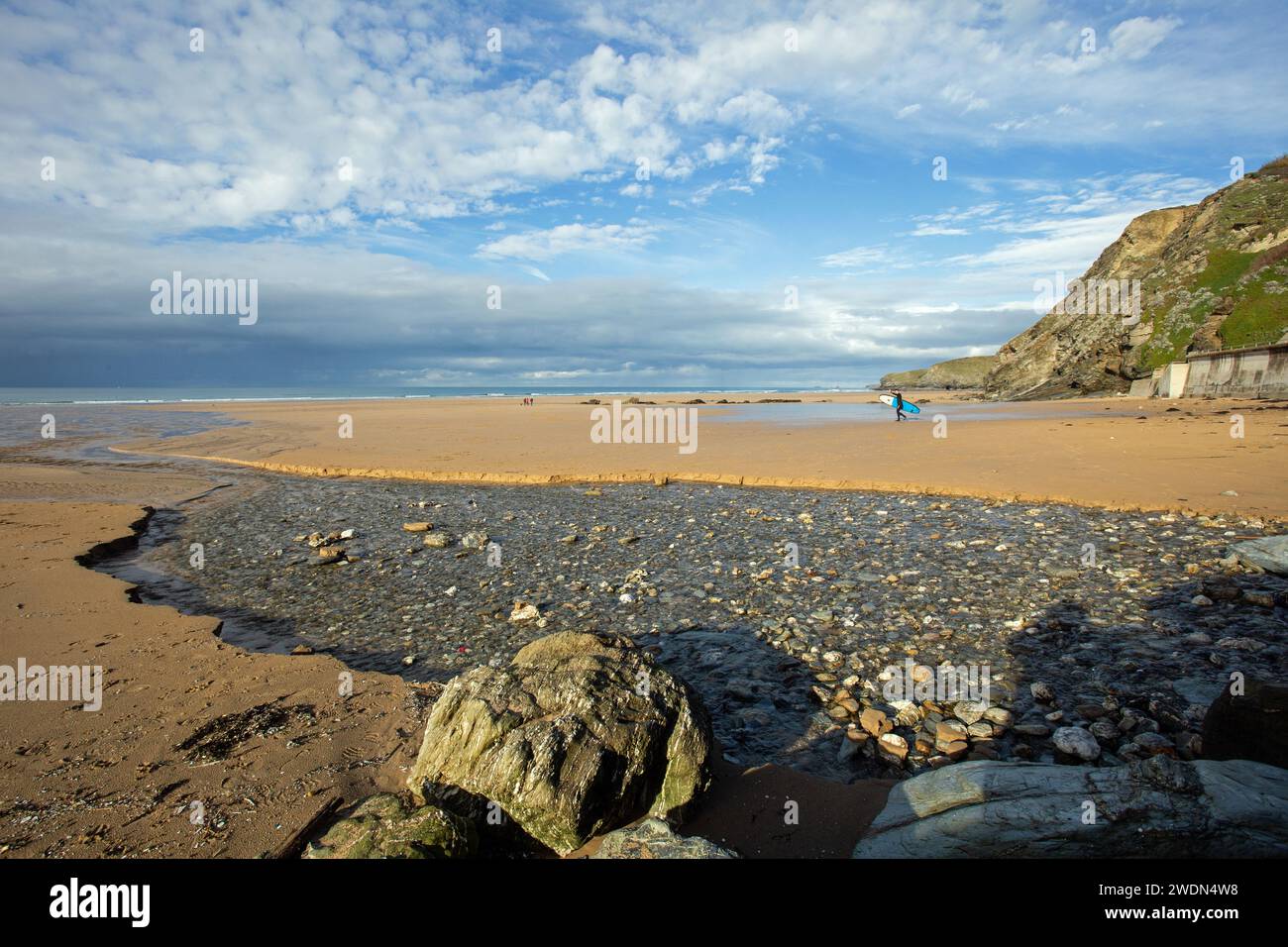 Watergate Bay, Cornwall, England, November 2023, a beach scene showing ...