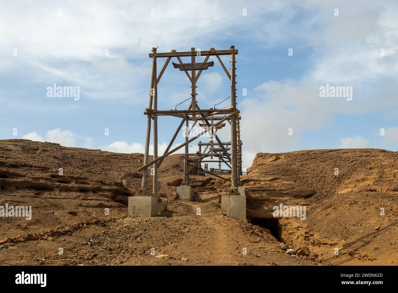 Old wooden cable car frames used for transporting salt from the mine in ...