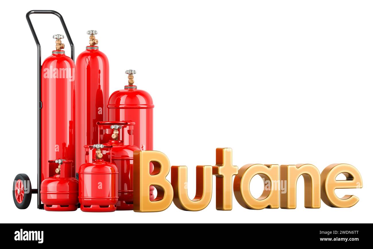 Set of butane gas cylinders with hand truck, 3D rendering isolated on ...