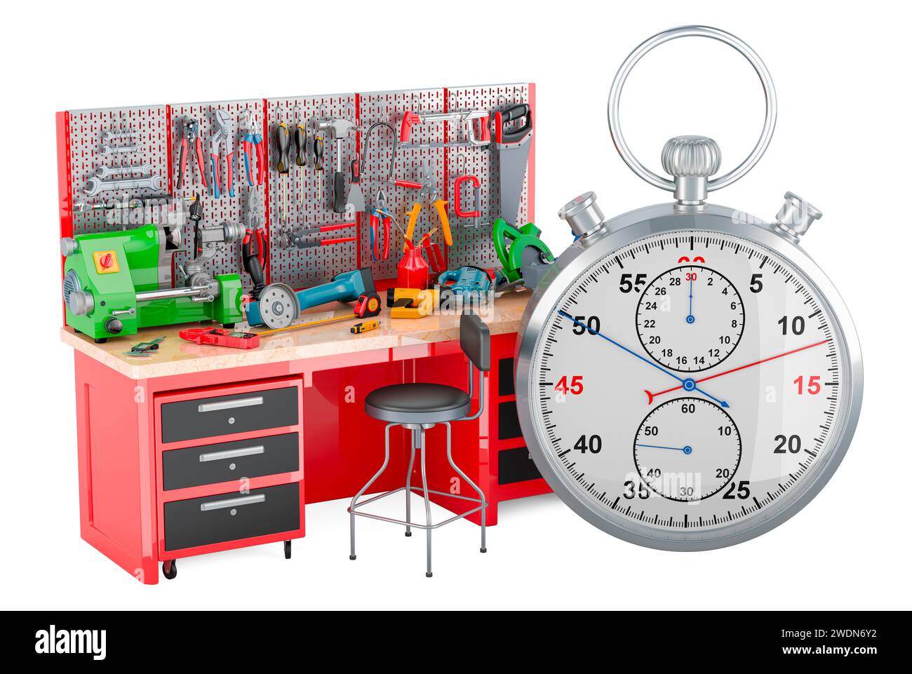 Stopwatch and Maintenance Work Table full of construction tools and ...