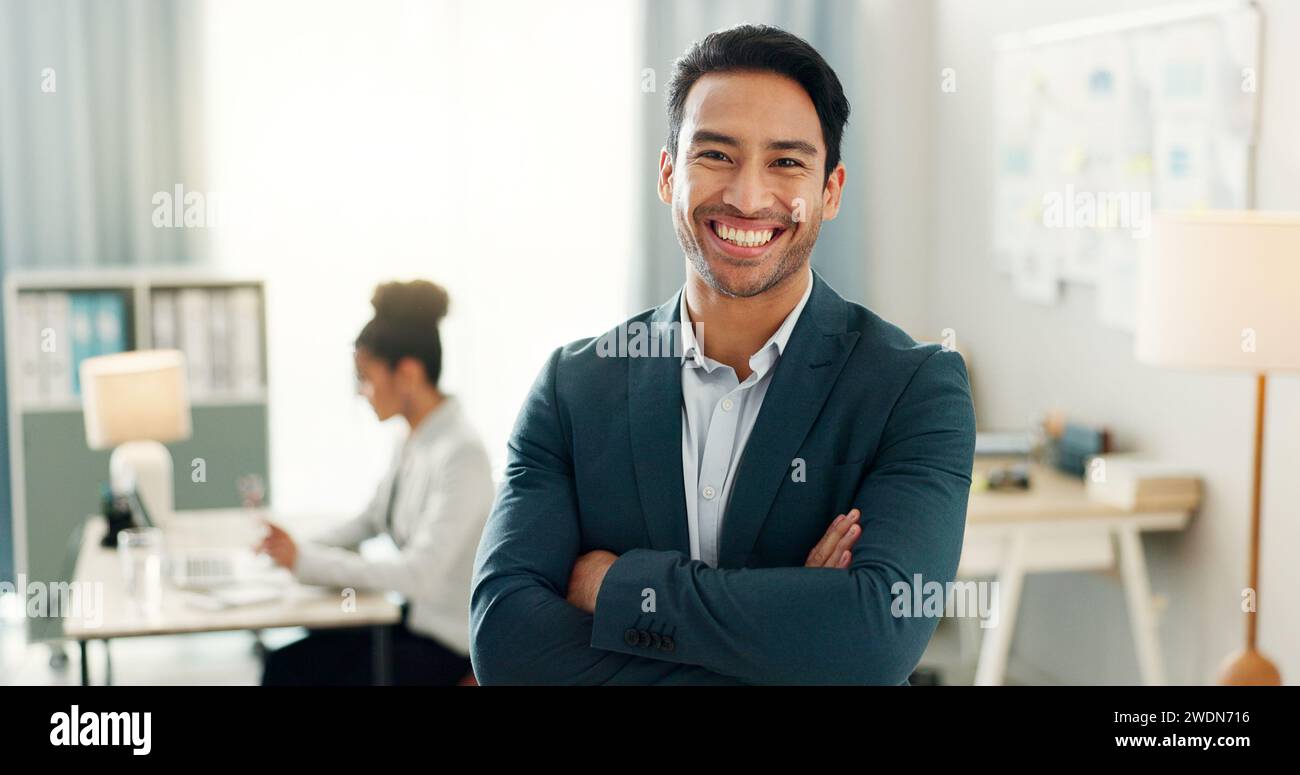 Portrait of man with smile, confidence and coworking space, manager for ...
