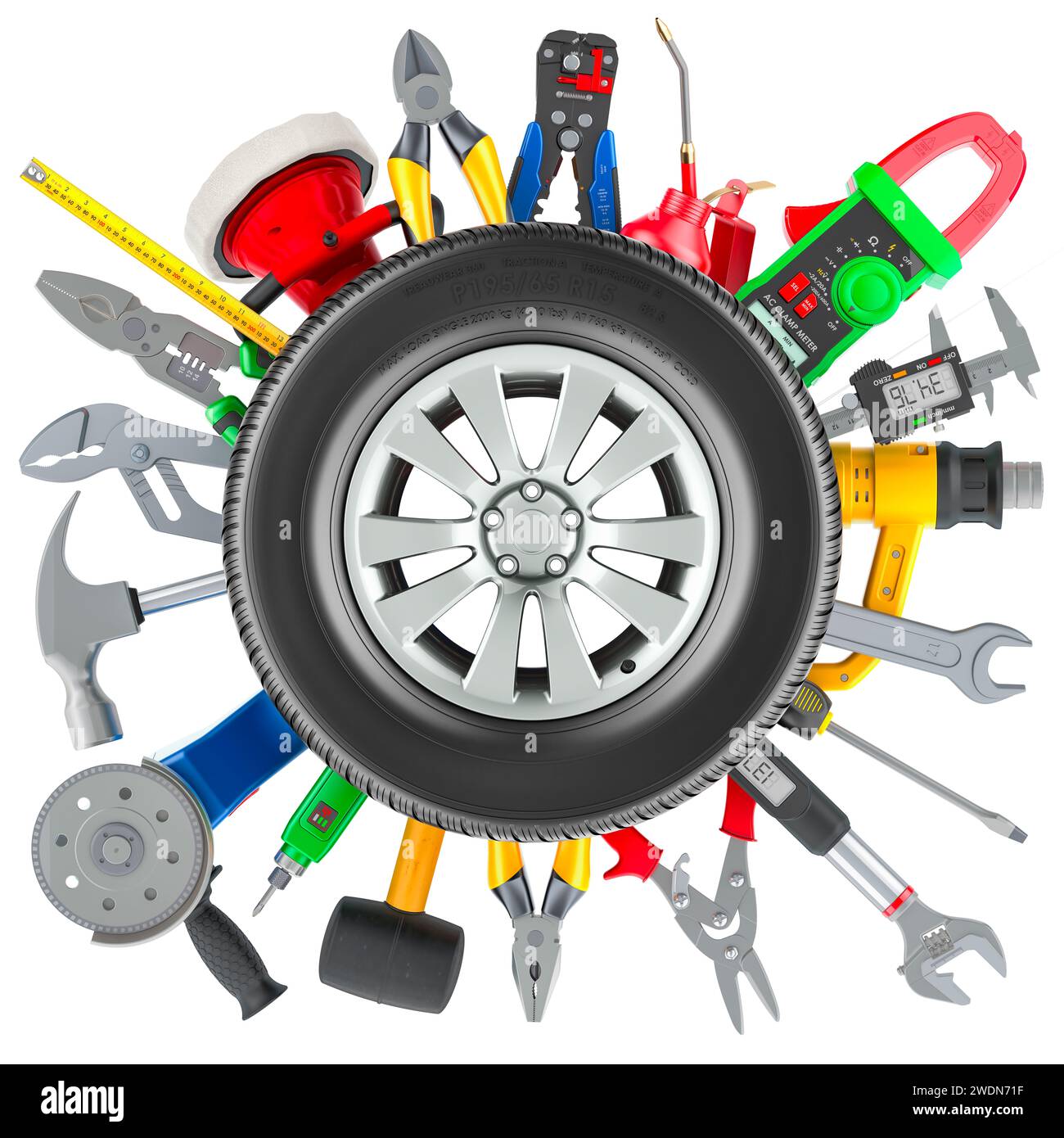 Car wheel with tools. Auto service and repair concept. 3D rendering ...