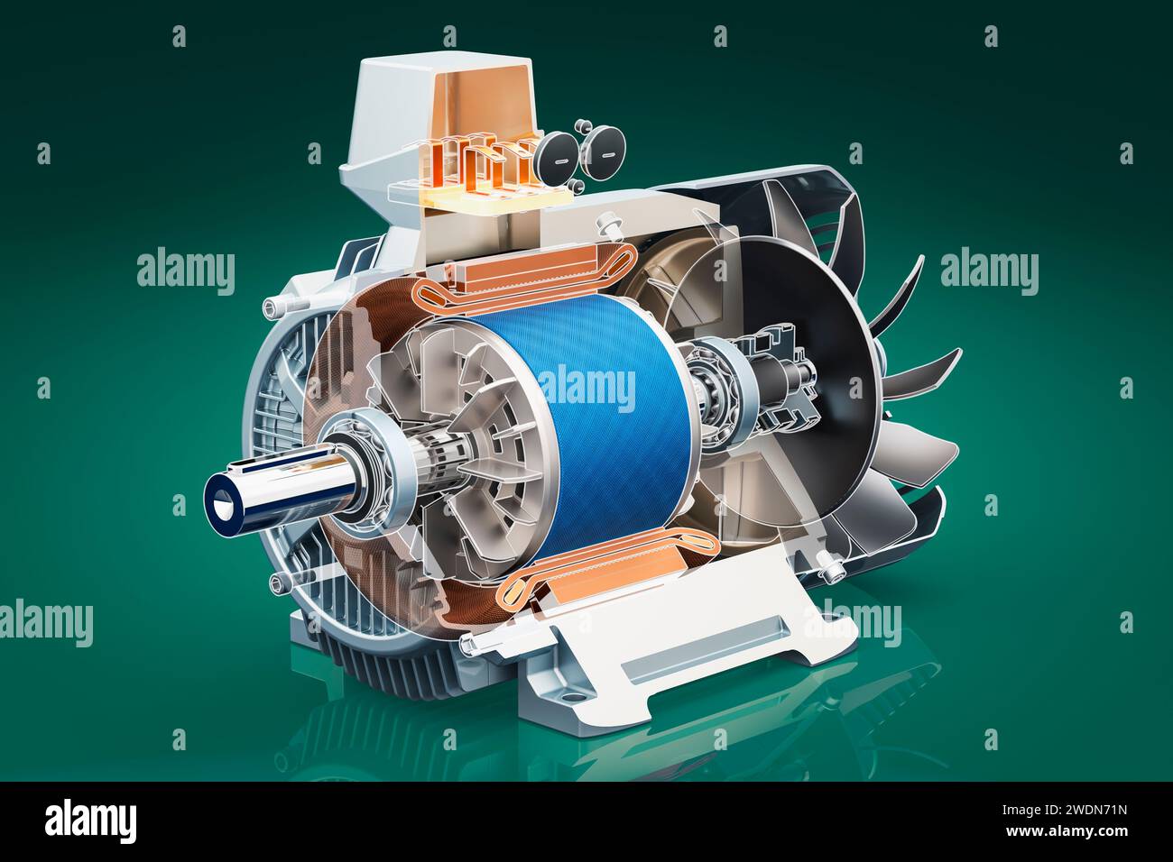 Cross section of industrial electric motor on backdrop, 3D rendering ...