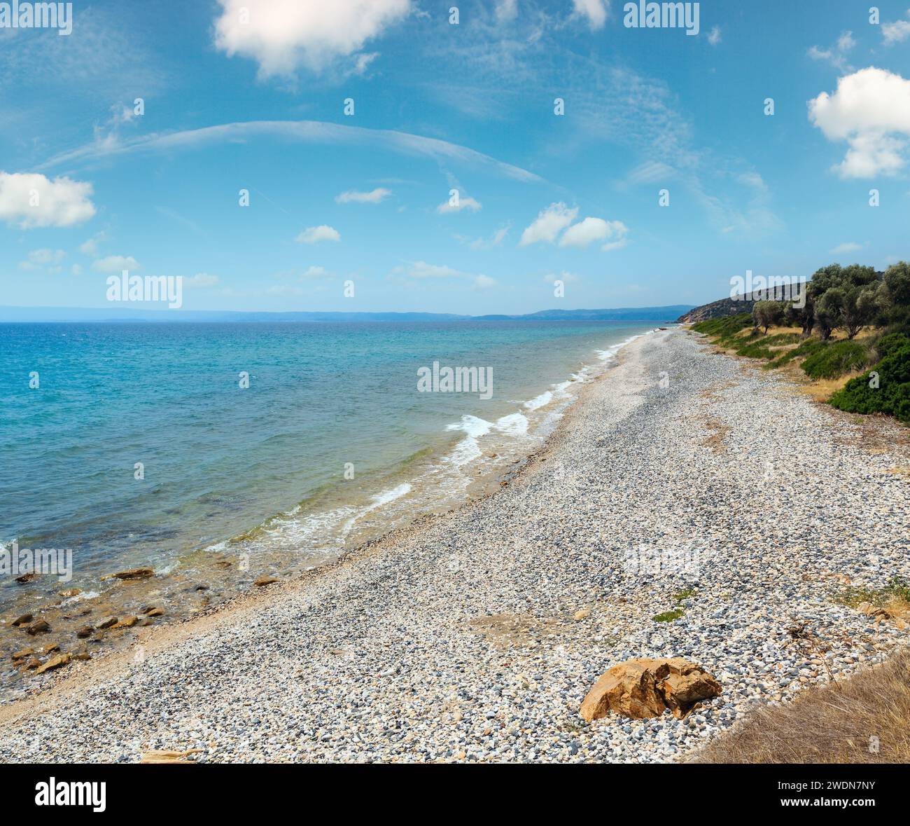 Summer sea view with pebbly Maori Beach Bar (Gomati, Halkidiki, Greece ...