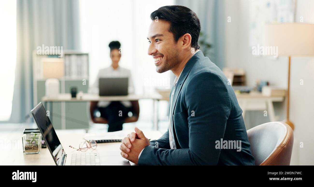 Laptop, typing and happy asian business man in office smile for email ...