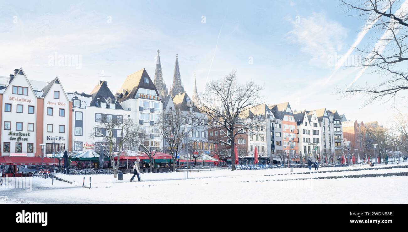 Cologne, Germany January 20 2024: view over the snow-covered old town ...