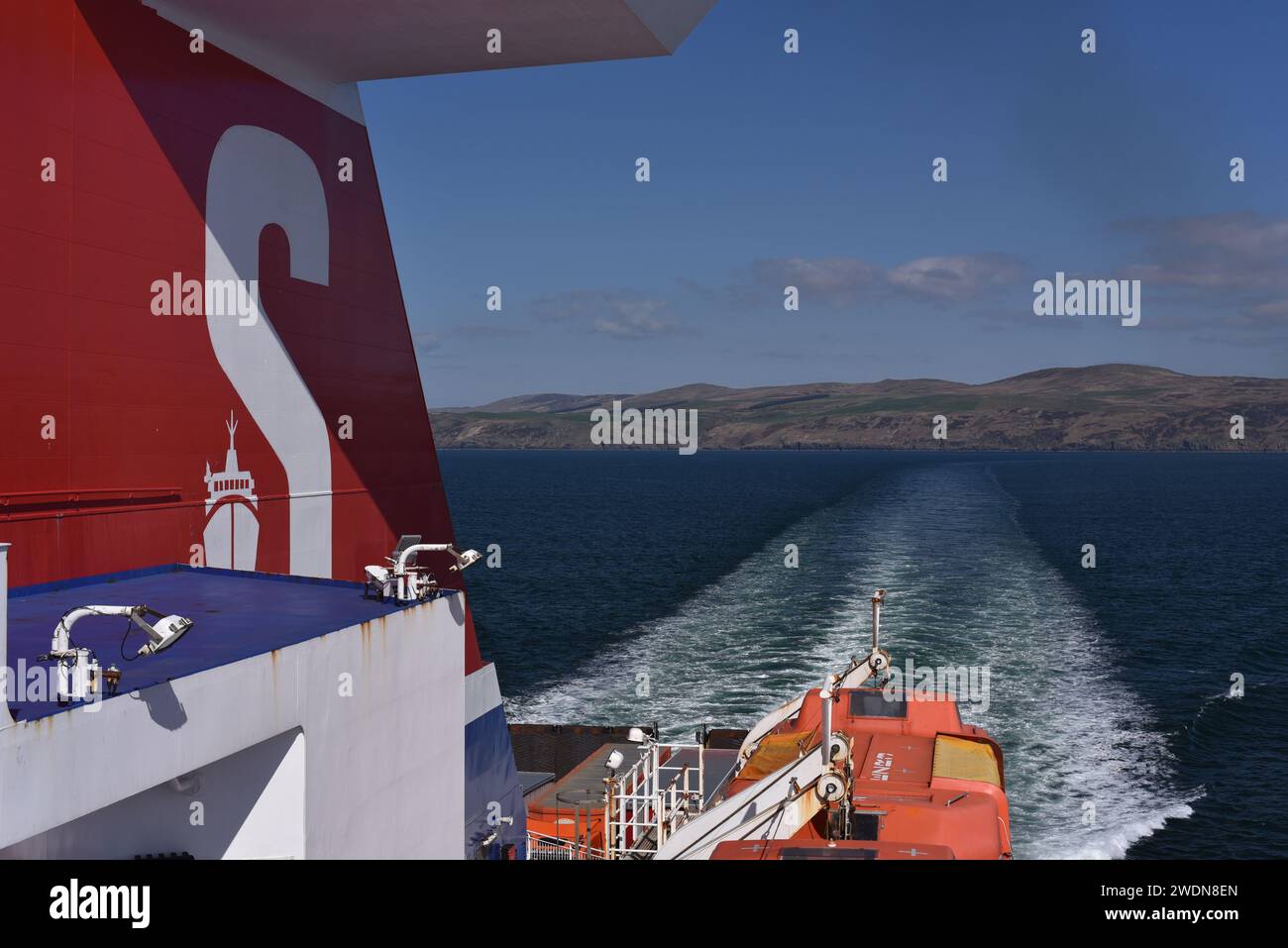 Cairnryan to Belfast StenaLine Ferry, view from stern of ship with ...
