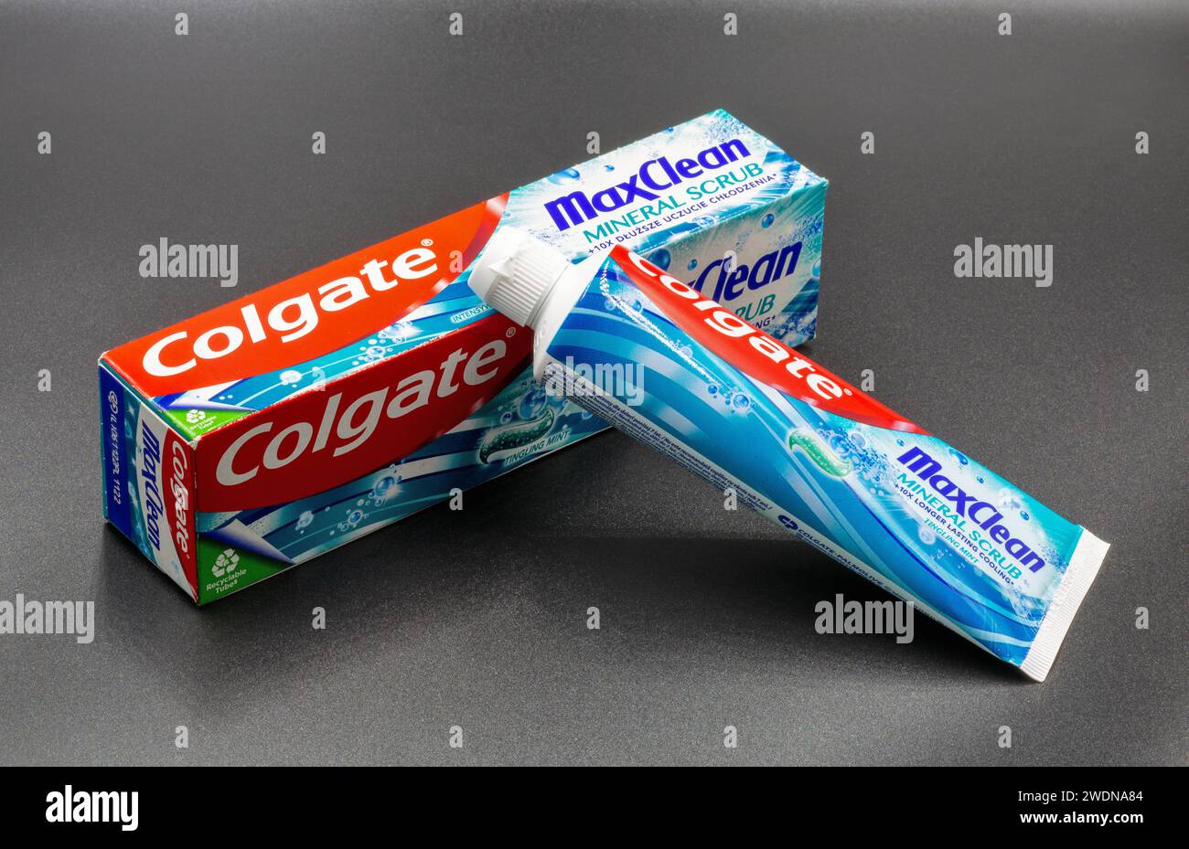 Kyiv, Ukraine - March 15, 2023: Colgate fluoride MaxClean mineral scrub ...