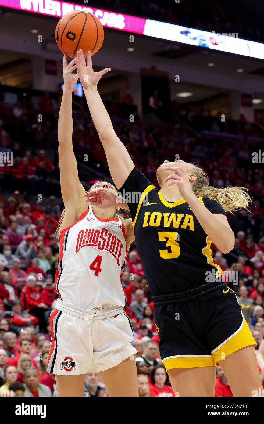 Columbus, Ohio, USA. 21st Jan, 2024. Ohio State Buckeyes guard Jacy Sheldon (4) and Iowa ...