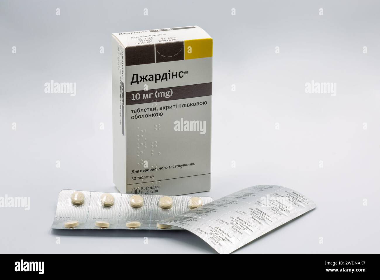 Kyiv, Ukraine - October 24, 2023: Studio shot of Jardiance tablets ...