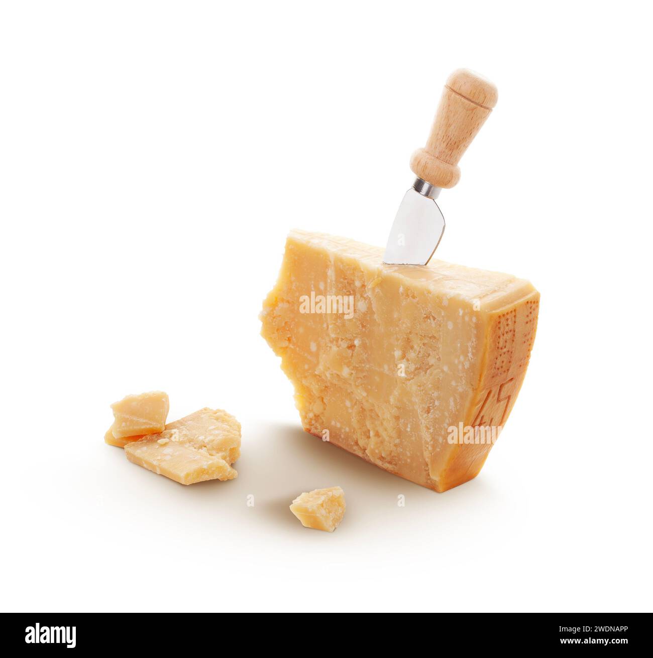 Aged parmesan cheese or parmigiano reggiano and a knife isolated on a ...