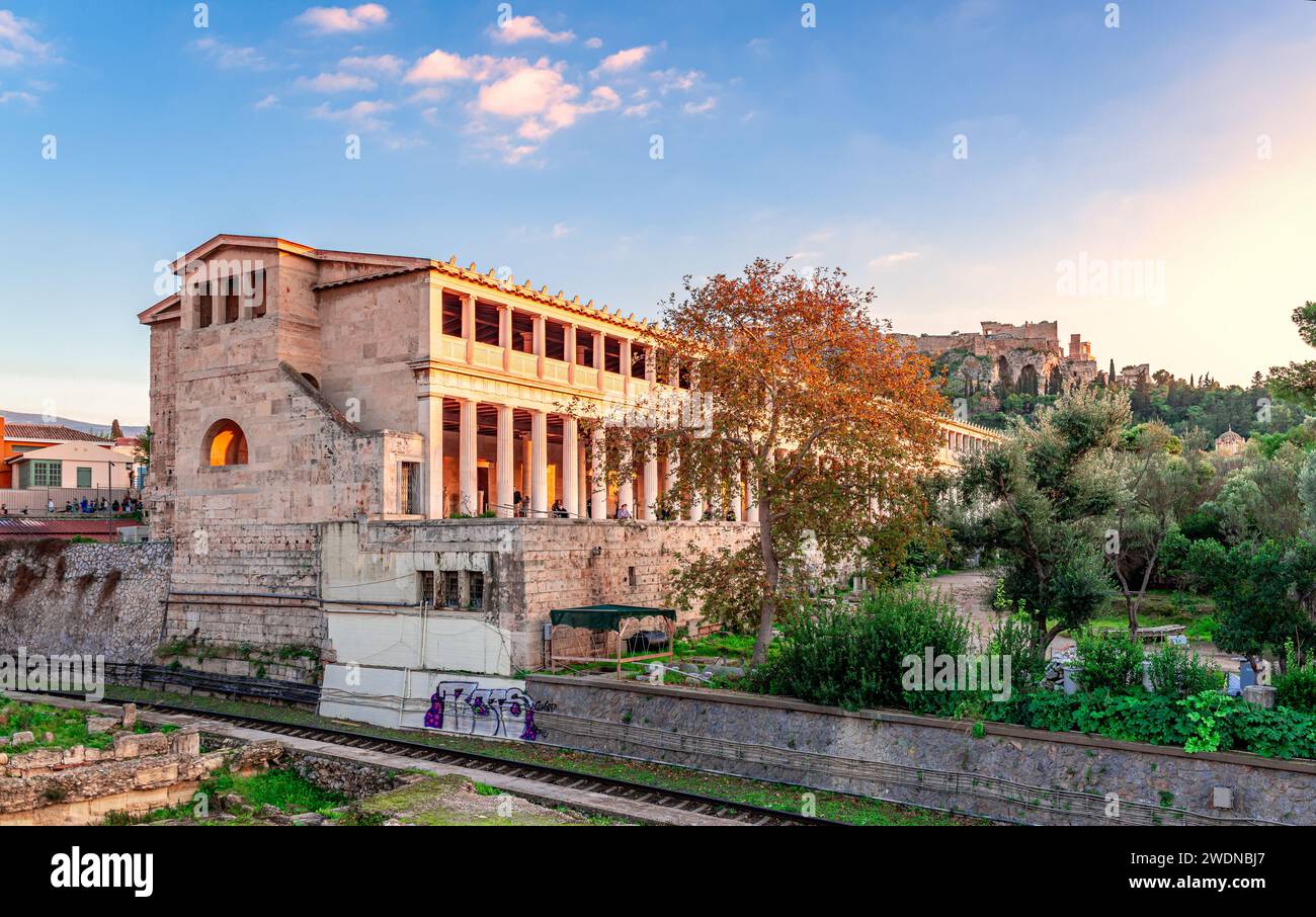 The Stoa Of Attalos And The Ancient Agora With The Acropolis Hill In