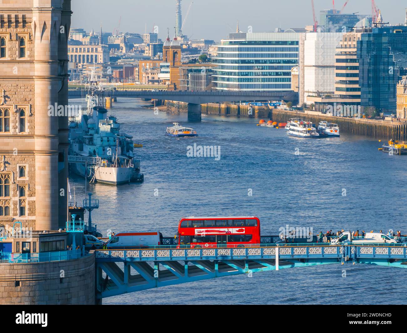 Aerial view of the Iconic Tower Bridge connecting Londong with ...