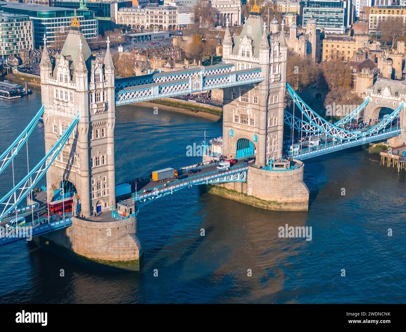 Aerial view of the Iconic Tower Bridge connecting Londong with ...