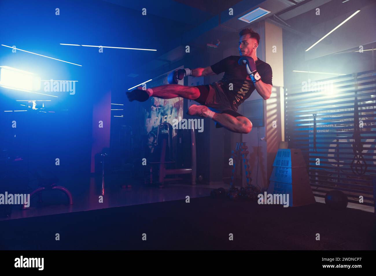 A powerful kickboxing performance under misty, colored lights in the ...