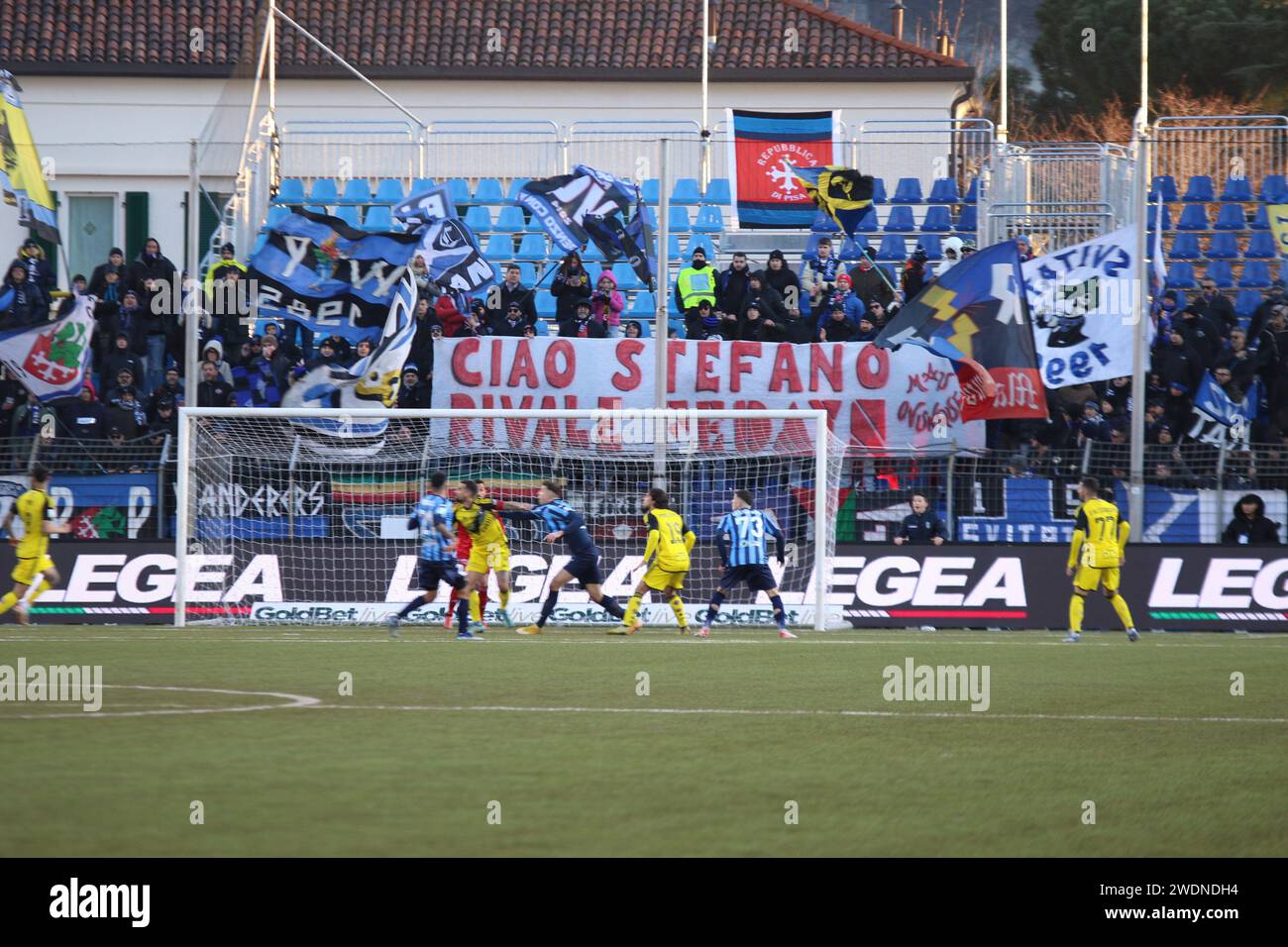 Lecco, Italy. 20th Jan, 2024. Fans of Pisa shows a banner during the ...