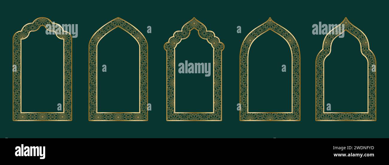 Gold arch frame shape Islamic door or window with geometric girikh ...