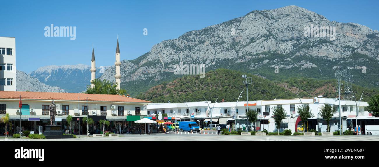 The panoramic view of Kemer resort town main square and a tall mountain ...