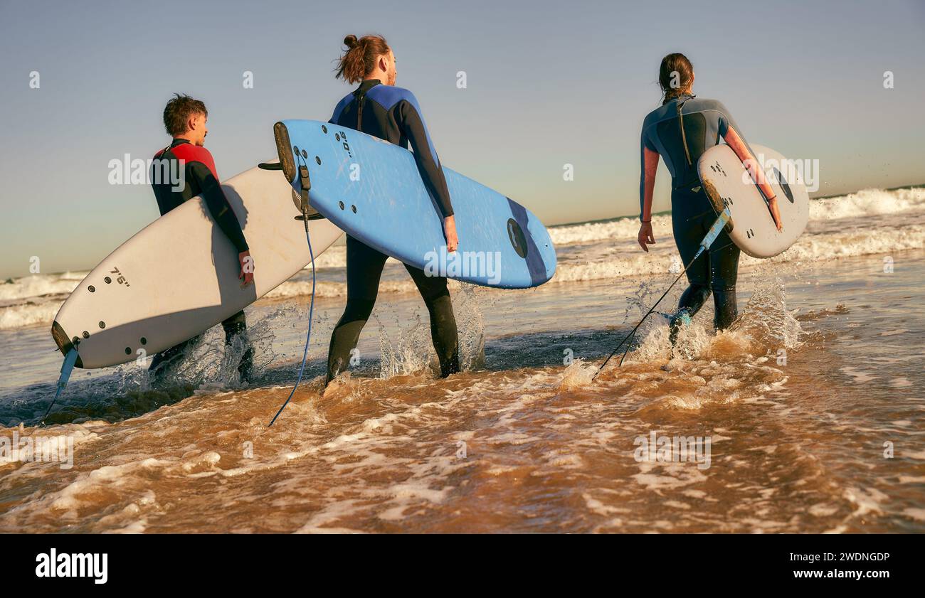 Back view of group of friends with surfboards in wetsuit entering ...