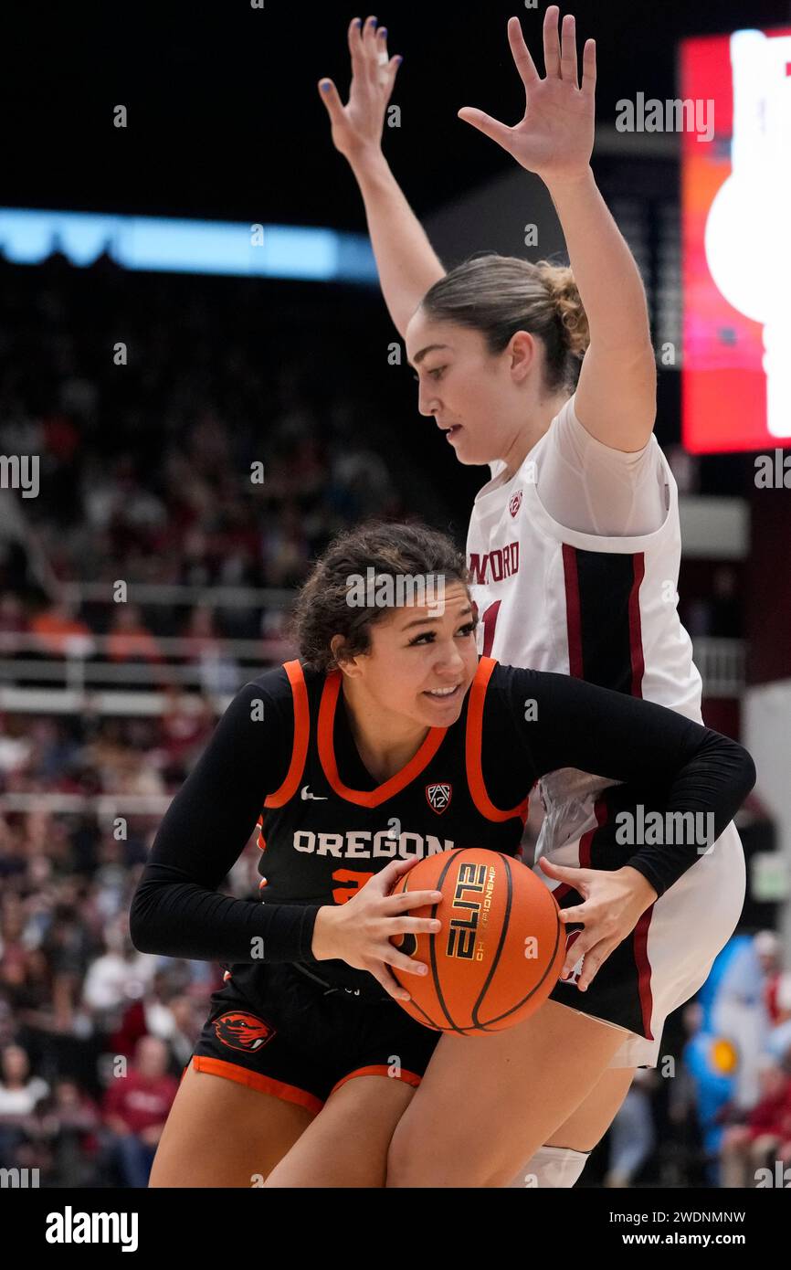 Oregon State guard Talia von Oelhoffen, left, tries to get around Stanford forward Brooke ...