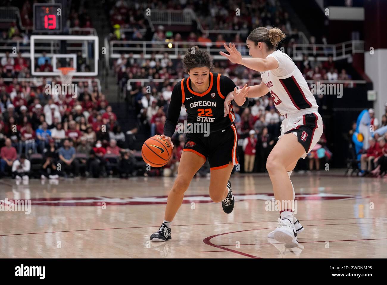 Oregon State guard Talia von Oelhoffen, left, tries to get around Stanford forward Brooke ...