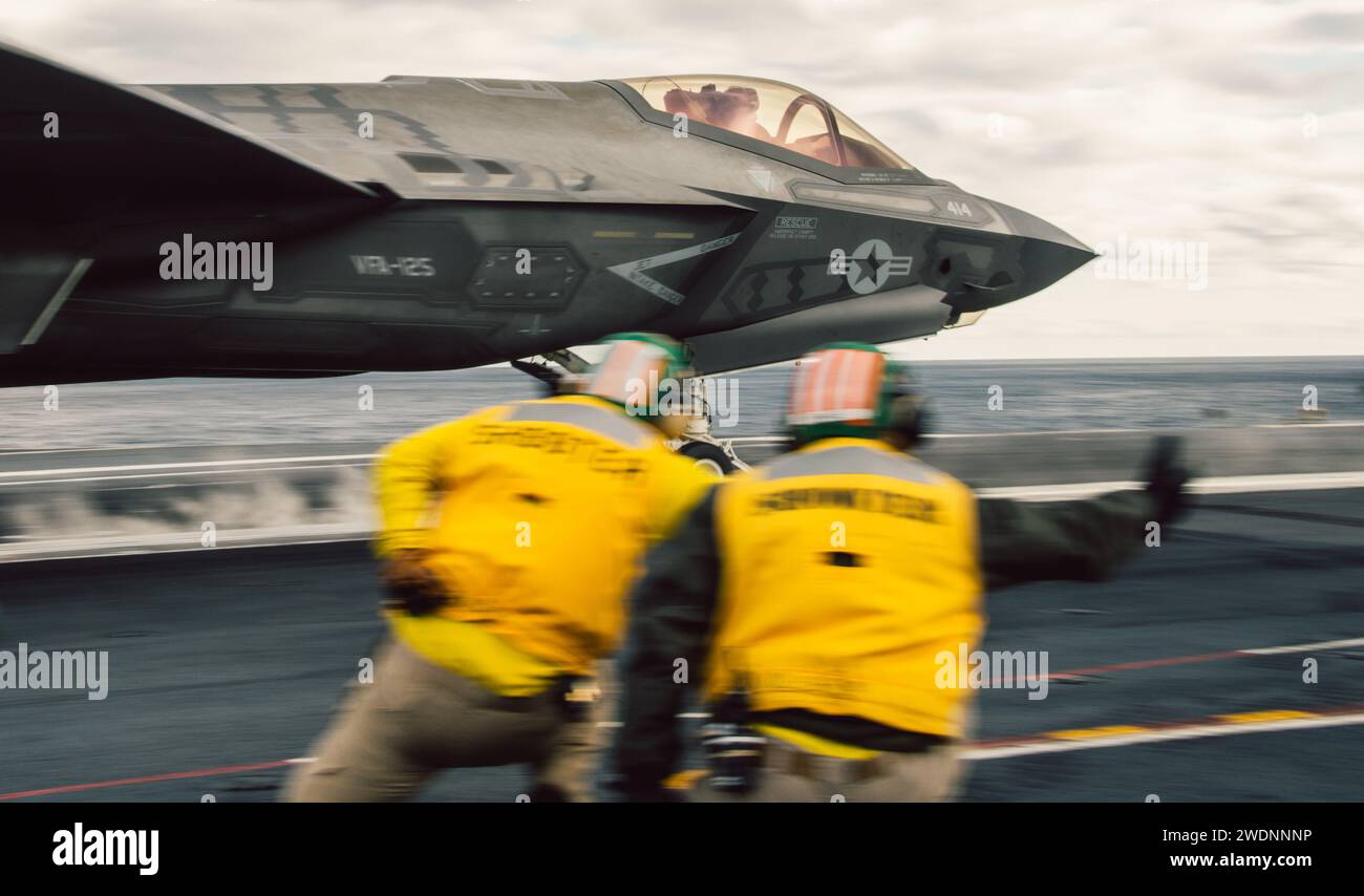 An F-35C Lightning II assigned to Strike Fighter Squadron (VFA) 125 launches off the flight deck ...