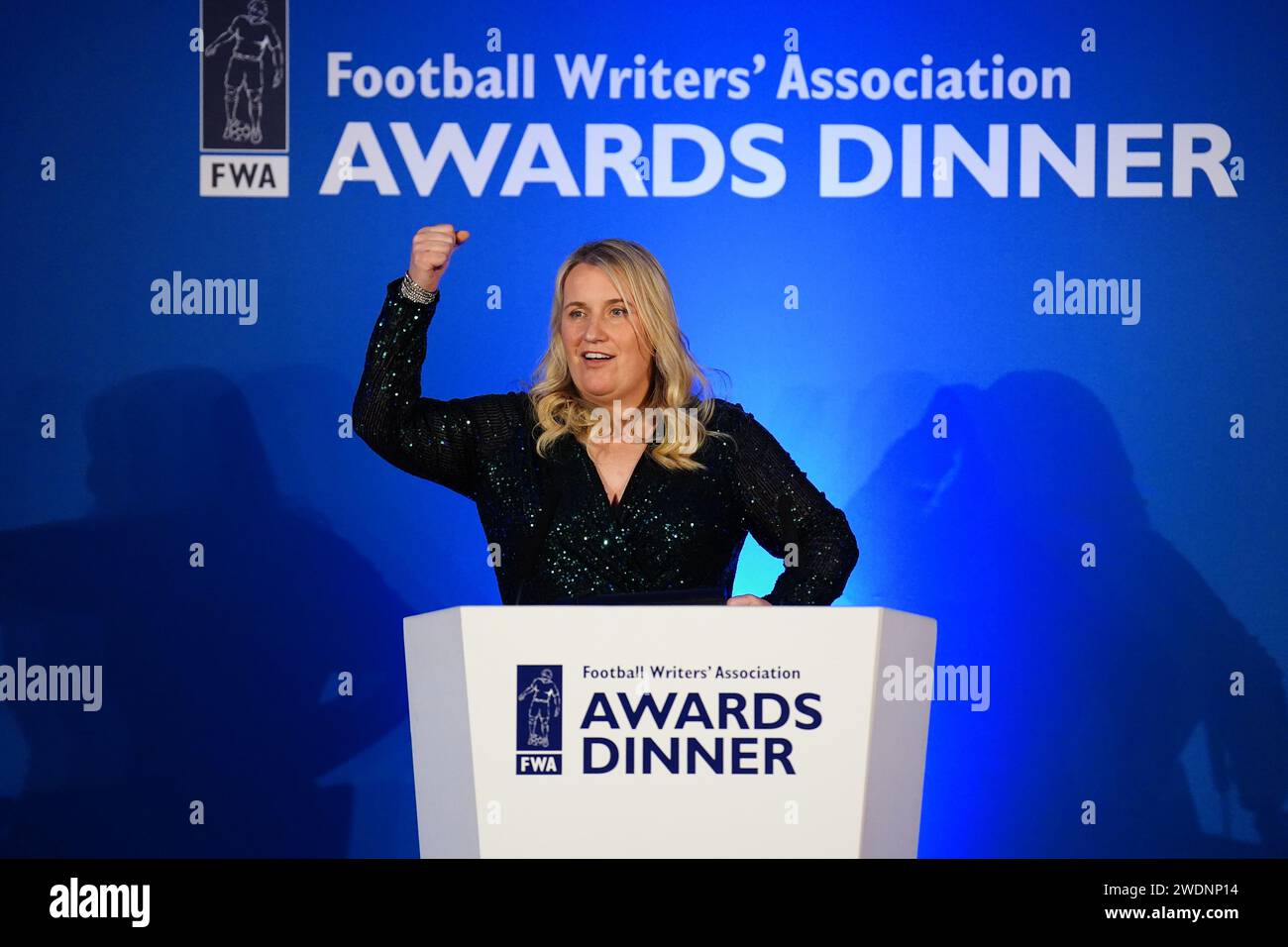 Emma Hayes speaks during a Football Writers' Association dinner at the ...